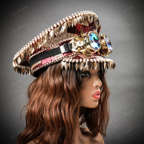 Steampunk Burning Man Captain Hat with Kaleidoscope 3D Goggles & Golden ...