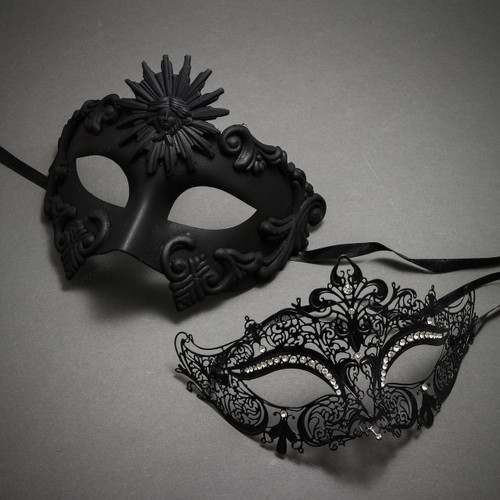Couple's Masquerade Masks - Black Venetian Roman Sun Warrior & Royal ...