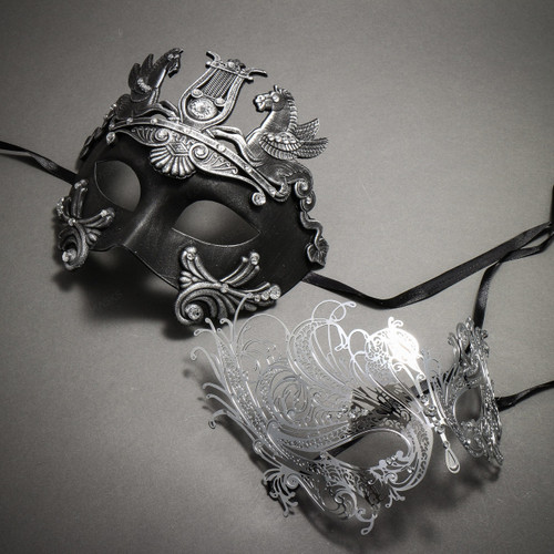 Couple's Masquerade Masks - Black Silver Greek Warrior & Silver Swan ...