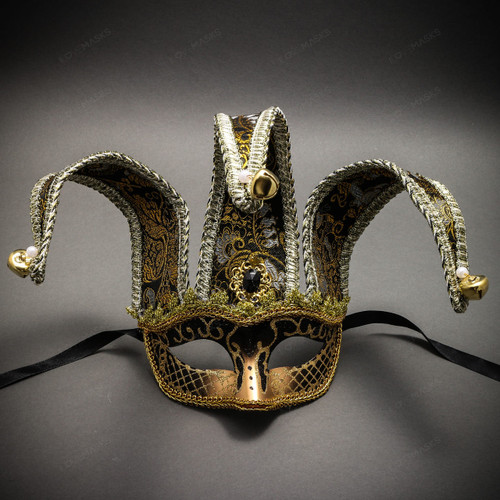 Jester Joker Venetian Half Face Mask with Bells - Black Gold