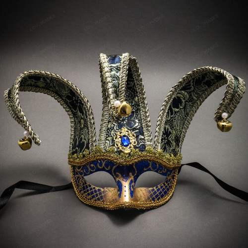Jester Joker Venetian Half Face Mask with Bells - Blue Gold