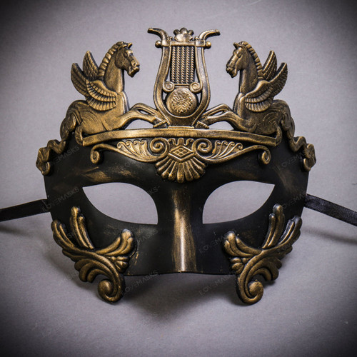 Venetian Men Masquerade Mask Warrior Greek Pegasus Horses - Gold Black