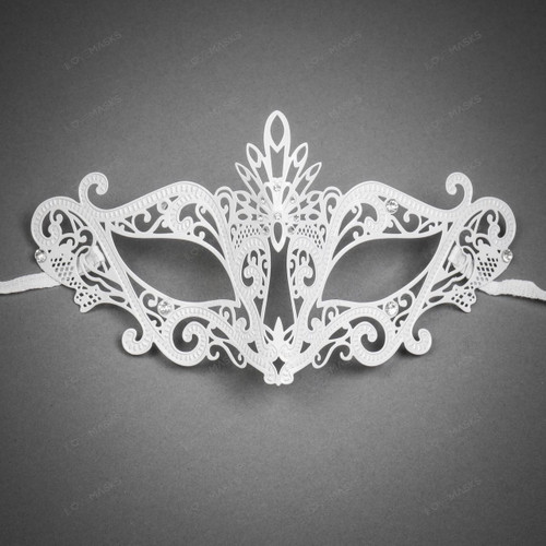 Venetian Masquerade Laser Cut Mask Silver Rhinestone - White