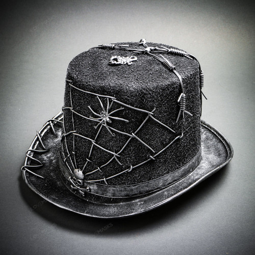 Steampunk Gothic Top Hat Costume with Skull & Spider Web - Black Silver