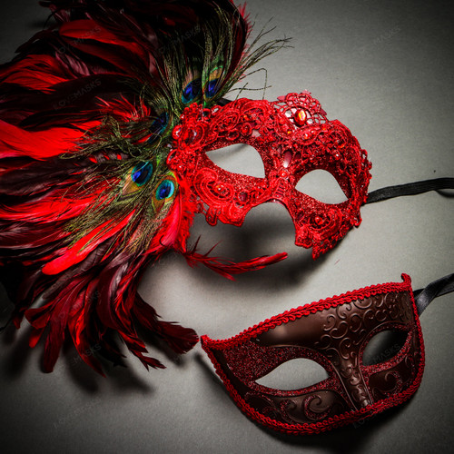Venetian Classic Eye Mask with Glitter Red & Venice Side Peacock ...