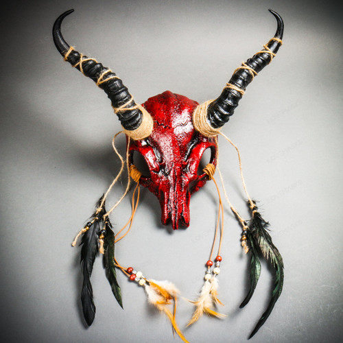 Antelope Devil Animal Skull with Impala Horns Masquerade Mask - Bloody Red