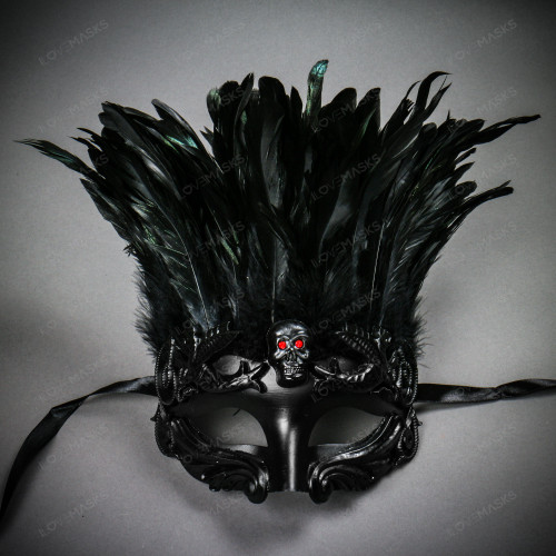 Halloween Skull Eye Mask with Feather Masquerade - Black - ILOVEMASKS.COM