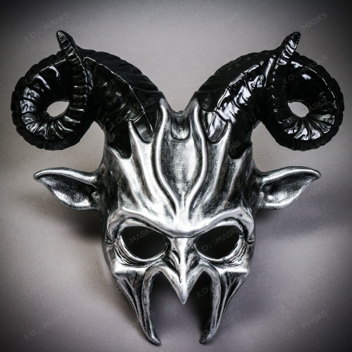 Krampus Ram Demon with Black Horns Devil Halloween Mask - Silver ...