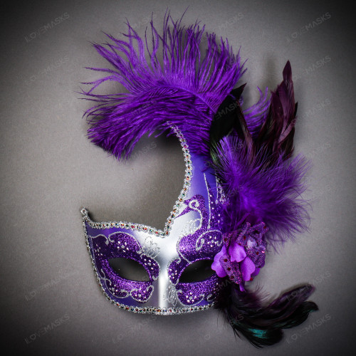Venetian Side Feather Glitter Costume Prom Mask - Silver Purple ...