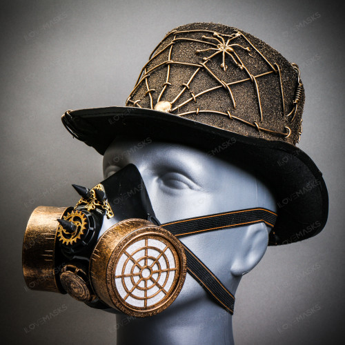 Gold Halloween Spider Web Top Hat w/ Gold Party Gas Party Face Mask