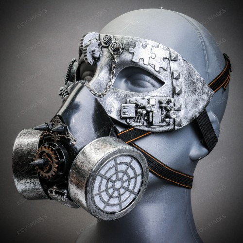 Silver Steampunk Robot Style Party Eye Mask with Mouth Cover Party Gas Mask