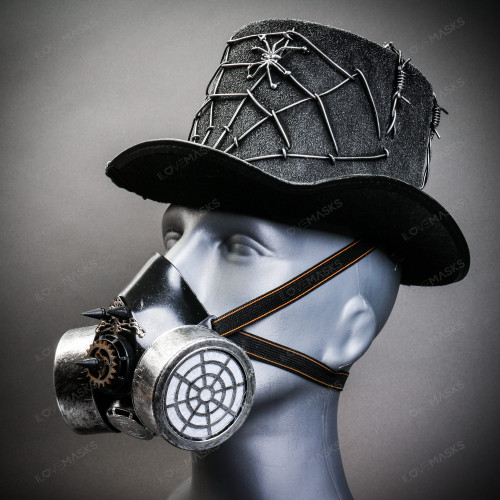 Silver Halloween Spider Web Top Hat w/ Silver Party Gas Party Face Mask