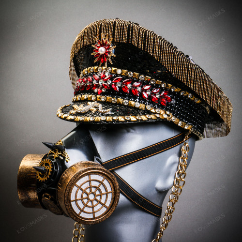 Luxury Black Golden Captain Party Military Cap Hat w/ Halloween Gold ...