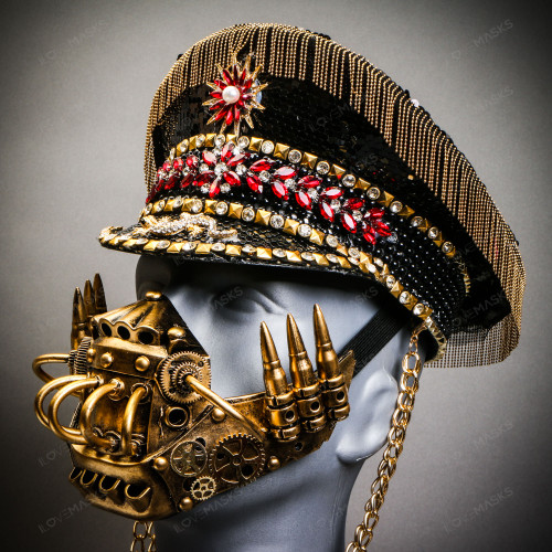 Luxury Black Golden Captain Party Military Cap Hat w/ Halloween Gold ...