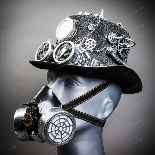 Silver Steampunk Lightning Goggle Top Hat w/ Silver Gas Mask Halloween ...