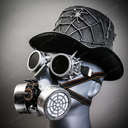 Silver Halloween Spider Web Top Hat w/ Gold Gas Mask & Spike Goggles ...