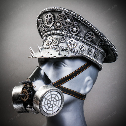Metallic Silver Steampunk Captain Cap w/ Silver Party Gas mask ...