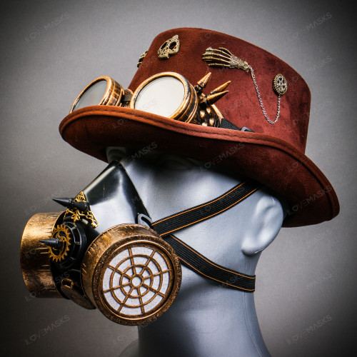 Brown Skull Hand Spike Goggle Top Hat w/ Gold Gas Mask Halloween Party ...