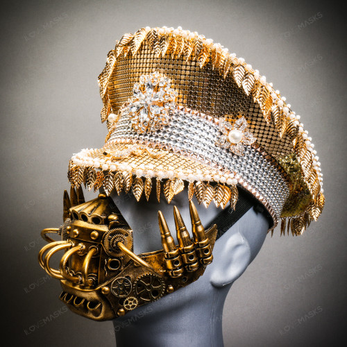 Luxury Golden Leaf Captain Party Military Cap Hat w/ Halloween Gold ...
