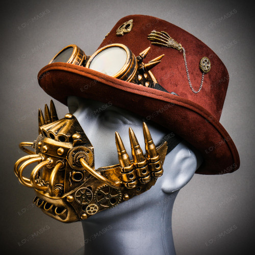 Brown Skull Hand Spike Goggle Top Hat w/ Gold Robot Mask Halloween ...