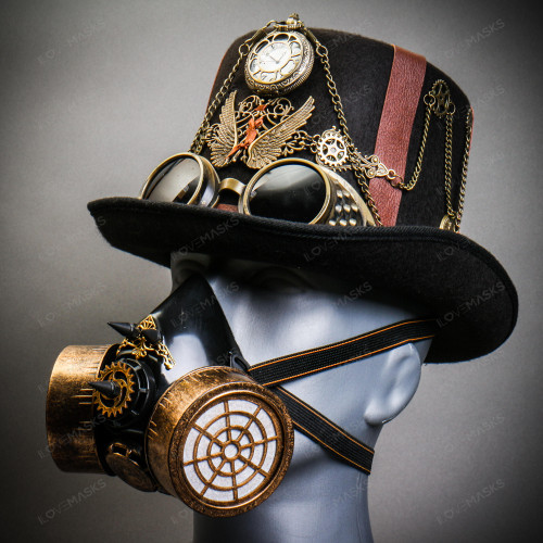 Black Pocket Watch Steampunk Top Hat w/ Gold Gas Mask Halloween Costume