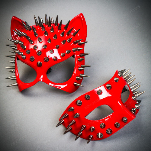 Glossy Red Steampunk Sexy Spike Cat w/ Eye mask Couples Party Halloween ...