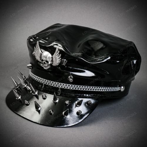 Military Police Spikes Skull Wing Punk Cap Hat - Black