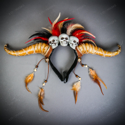 Voodoo Ancient Skull Long Horn with Feather Headband - Brown