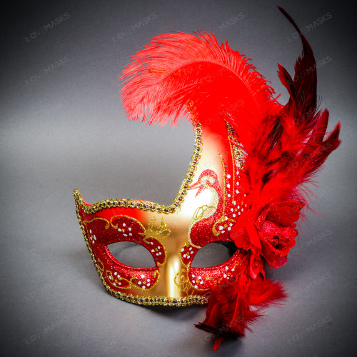Venetian Half Moon Masquerade Side Feather Mask - Gold Red