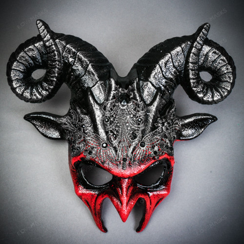 Krampus Ram Demon with Silver Laces Horns Devil Halloween Mask - Bloody Red