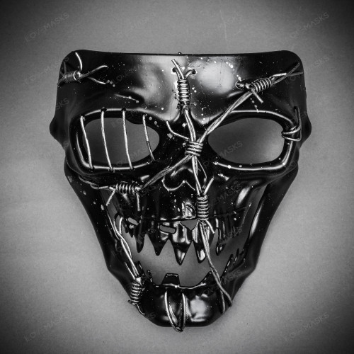 Pirate Silver Wired Death Skull Masquerade Full Face Mask - Black