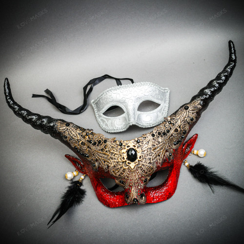 Silver Venetian Classic Eye w/ Long Horns Fairy Devil Red Eye Mask ...