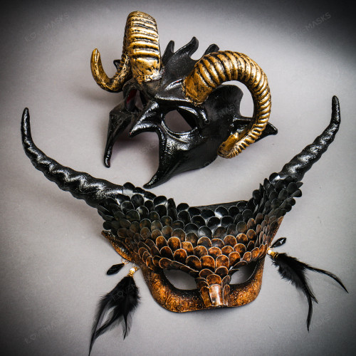 Halloween Devil Long Horn Brown Mask Demon Ram Horn Couple Masquerade ...