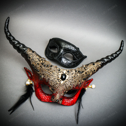 Black Venetian Classic Eye w/ Long Horns Fairy Devil Red Eye Mask ...