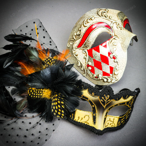 Venetian Red Silver Phantom Half Face & Gold Glitter Feather Eye Couple ...