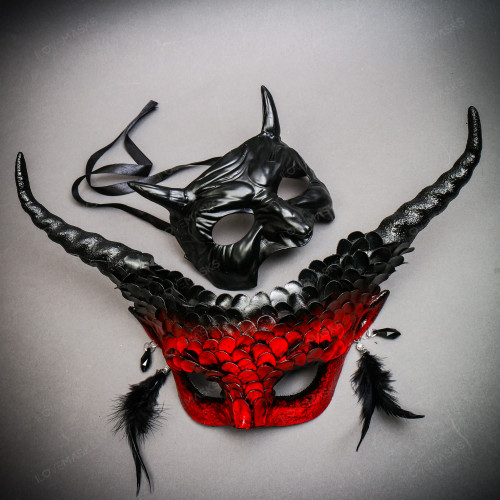 Man Black Demon Eye Mask w/ Long Horns Red Devil Women Halloween Party Mask