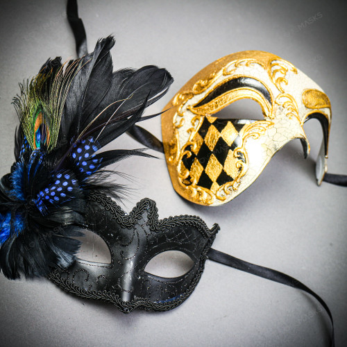 Venetian Gold Black Phantom Half Face & Glitter Blue Feather Eye Couple ...