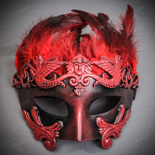 Red Feather Roman Greek Warrior Masquerade Mask - Black - ILOVEMASKS.COM