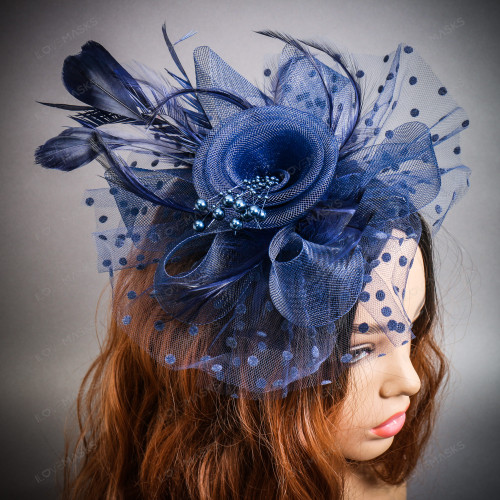 Spiral Flower Derby Hat Fascinator Headband Dotted Veil - Blue ...