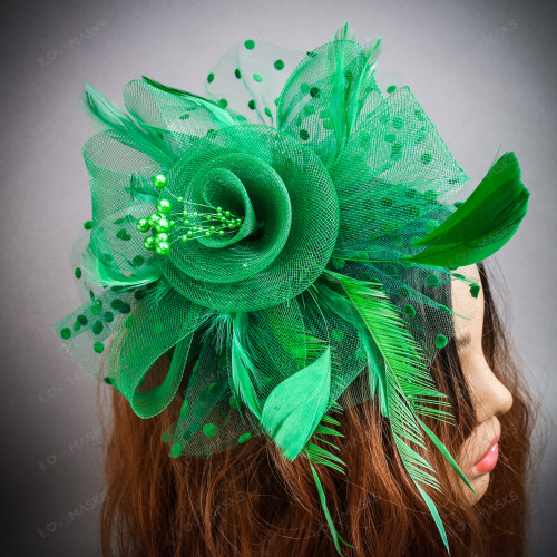 Spiral Flower Derby Hat Fascinator Headband Dotted Veil - Green ...