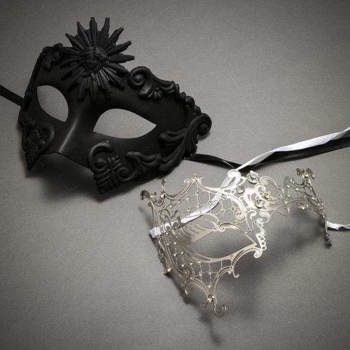 Black Sun Roman Greek Emperor Masquerade Mask & Silver Phantom Laser ...