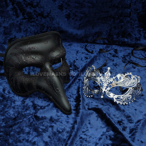 Black Long Nose Swan Venetian Masquerade Mask & Silver Charming ...