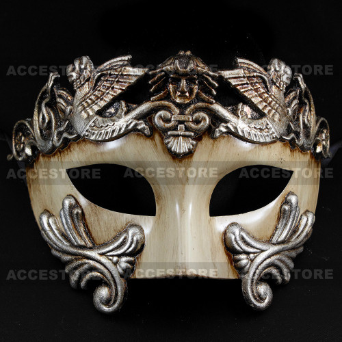 Roman Greek Emperor Warrior Venetian Masquerade Mask - White Silver