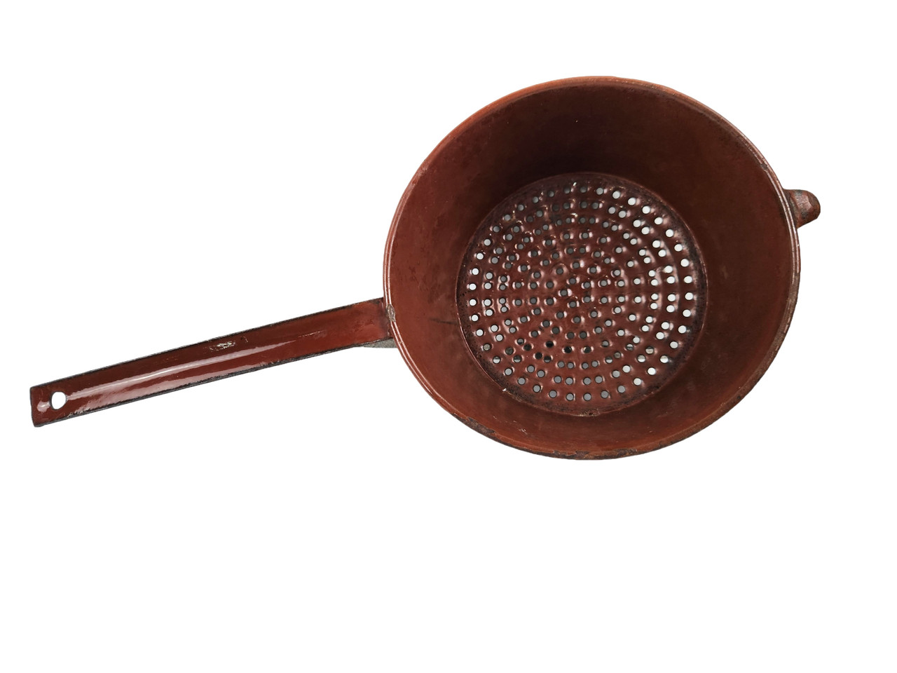 Large Brown Enameled Gas Mask Filter Turned Colander