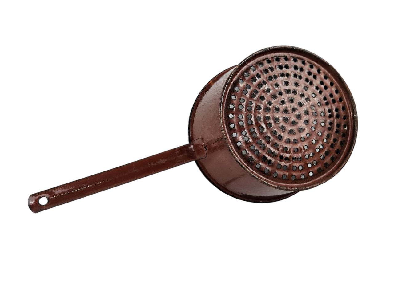 Large Brown Enameled Gas Mask Filter Turned Colander