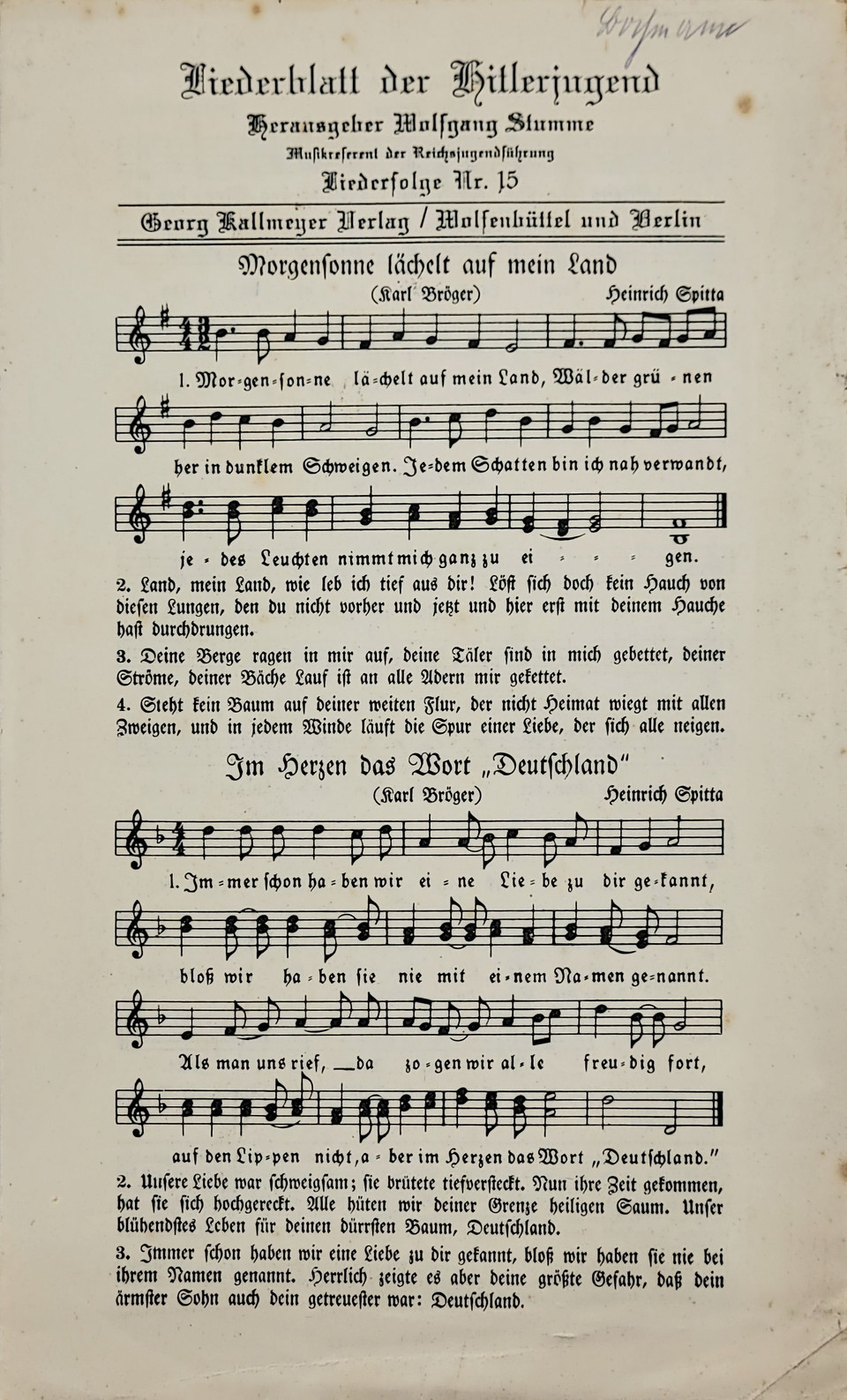 WW2 German Songsheet - Songs of the Hitler Youth (Young Girls No 15)