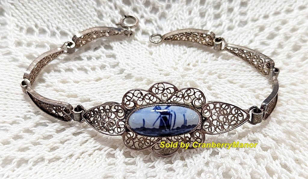 Delft Bracelet Silver Filigree Porcelain Link Vintage Designer ...