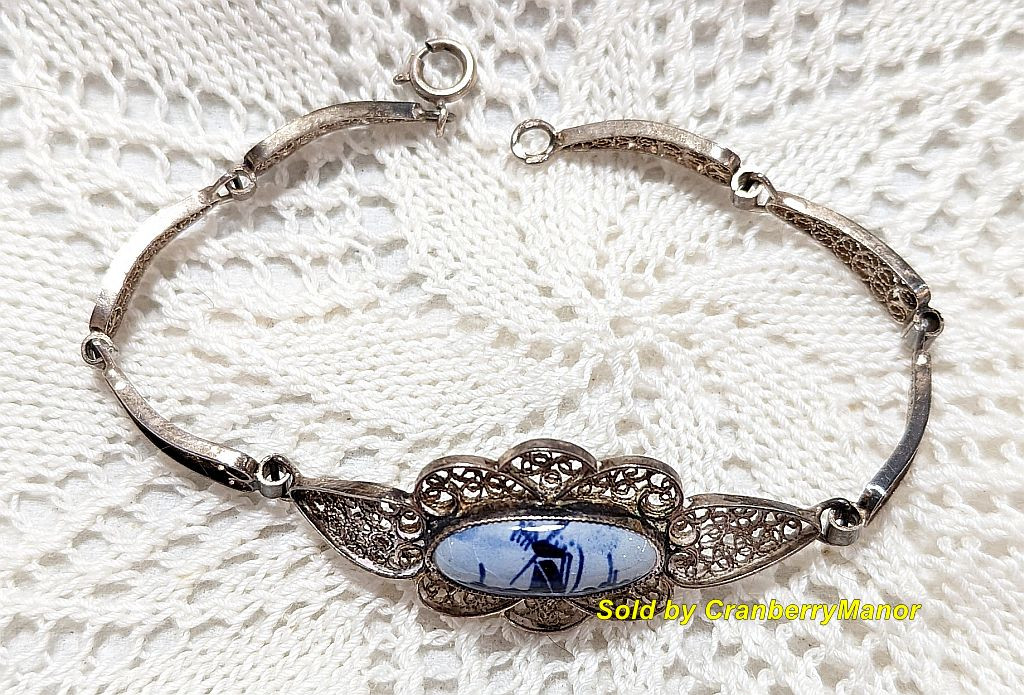 Delft Bracelet Silver Filigree Porcelain Link Vintage Designer ...