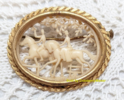 Depose France Brooch Carved Celluloid Pin Horse Equestrian Couple ...