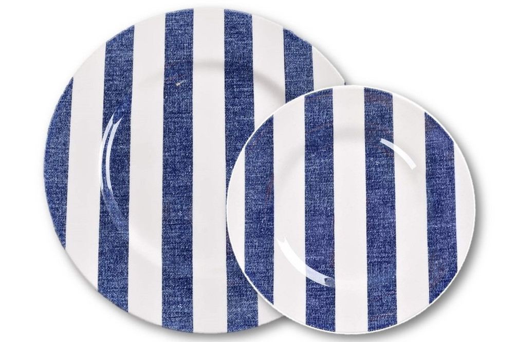 English Pottery Blue Striped Dinner & Salad Plates Set/2